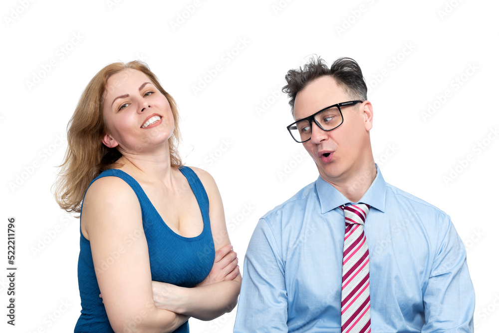 Funny man in glasses and a tie looks askance at the bust of a happy ...