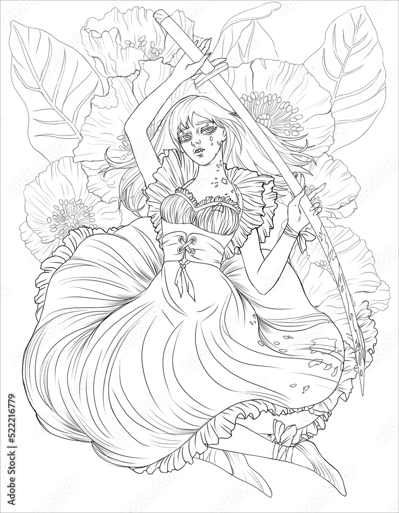 Dark fantasy anime girl. Adult coloring book pages. Stock Illustration ...