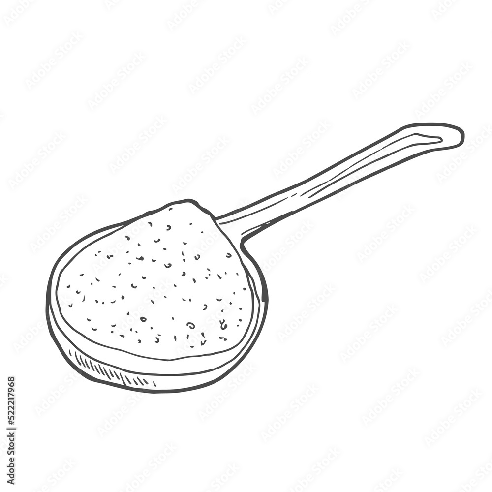 Wooden spoon with food - sketch flour, rice, sea salt, spirulina, spice ...