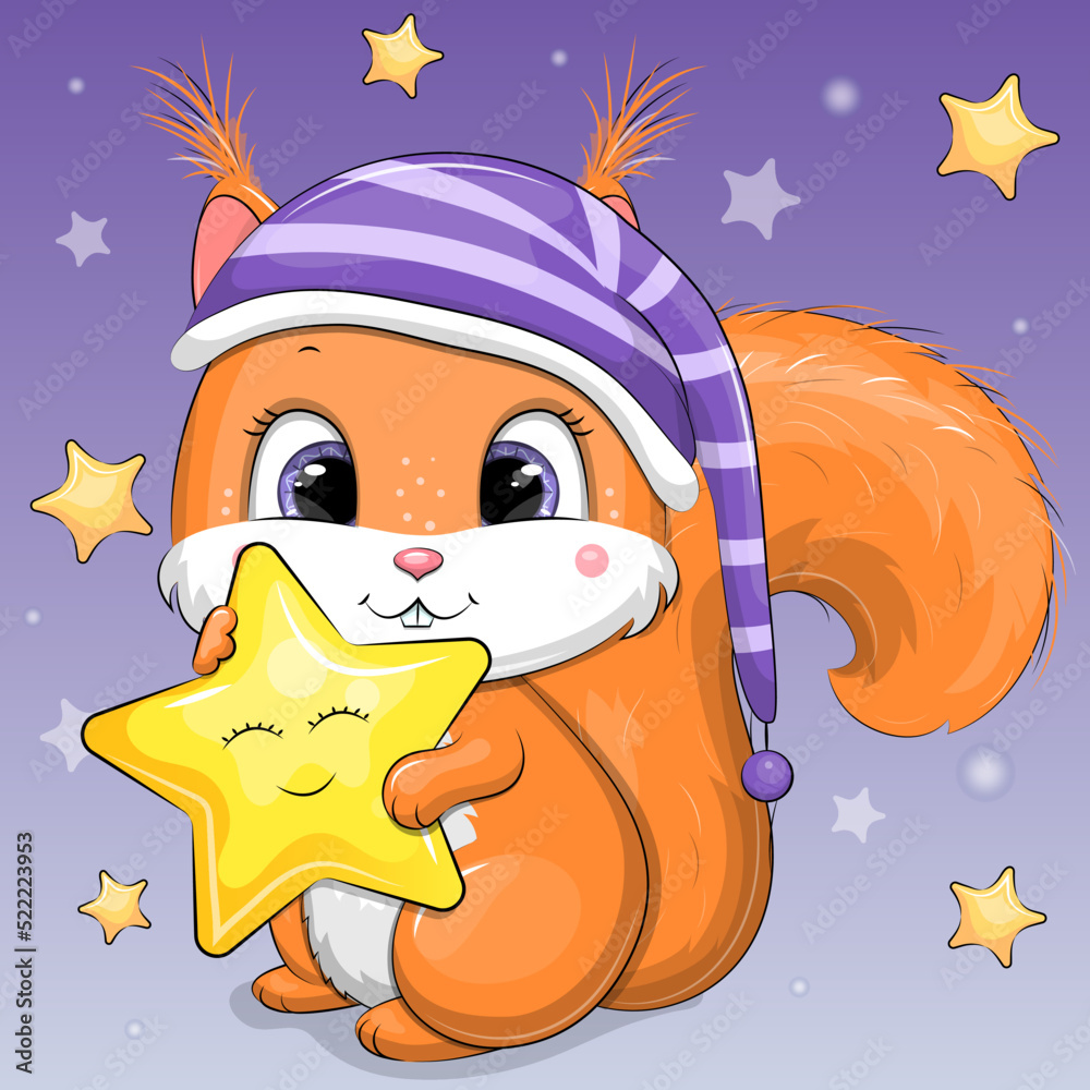 Cute cartoon squirrel in nightcap is holding a star. Vector ...