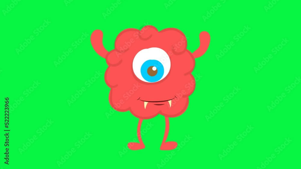 Red one-eyed monster on green screen. Cute Monster cartoon animation ...