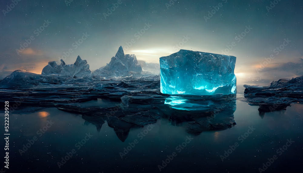Winter landscape with glaciers. neon light. Blocks of ice on the water ...