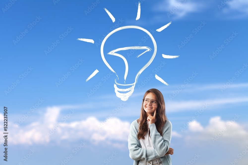 excited Kid with suddenly got idea expression, concept of child found ...