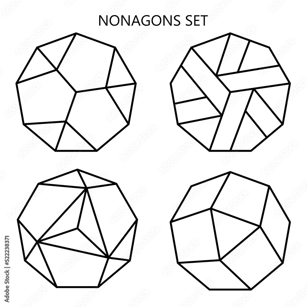 Set of nonagon shaped icons with line art 3d effect designs in black ...