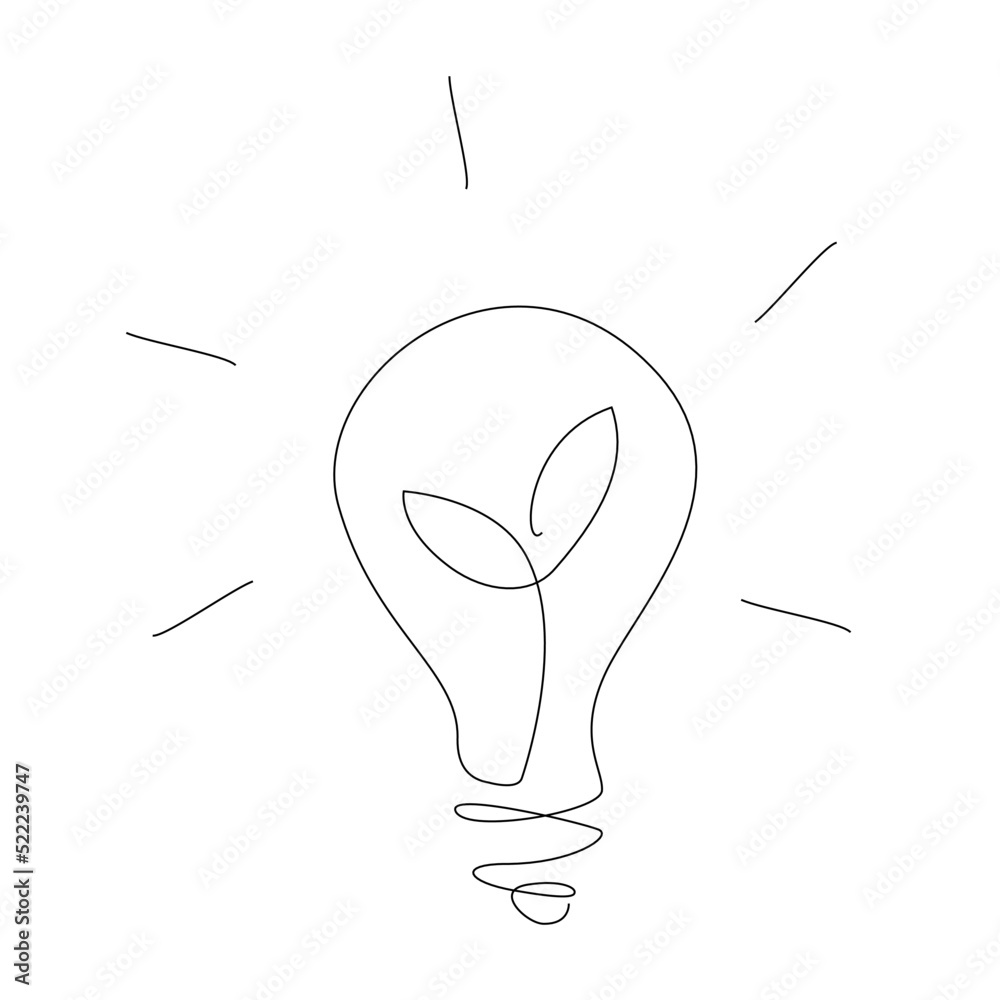 Green energy one line illustration. Electric light bulb continuous line ...