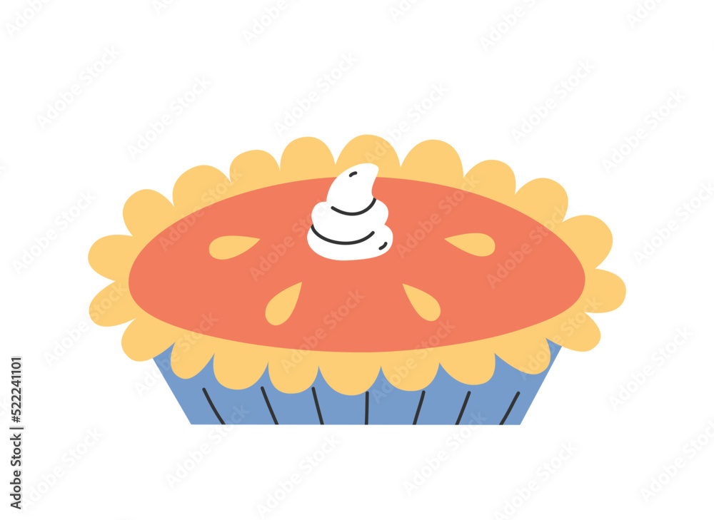 Hand drawn cute cartoon illustration of pumpkin pie with whipped cream ...