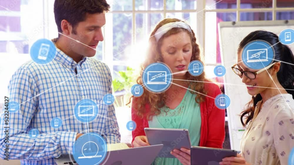 Animation of network of connections with icons over diverse people at ...