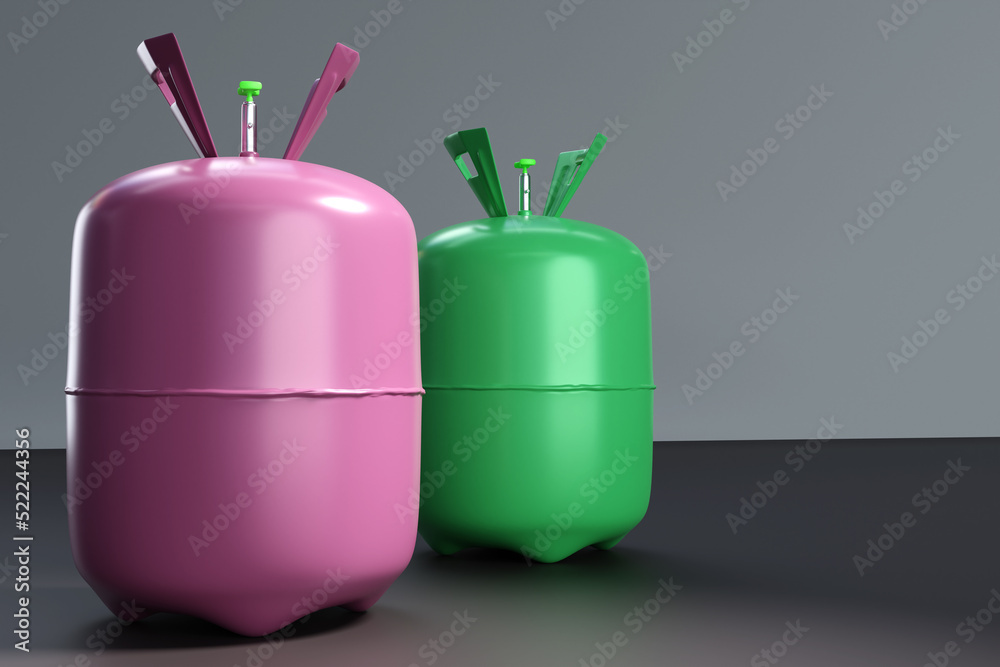 Refrigerant for air conditioners. Freon gas cylinders. Multicolored gas ...