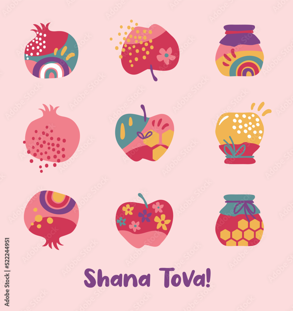 Rosh Hashana, Jewish holiday icons with abstract patterns. Apple, honey ...