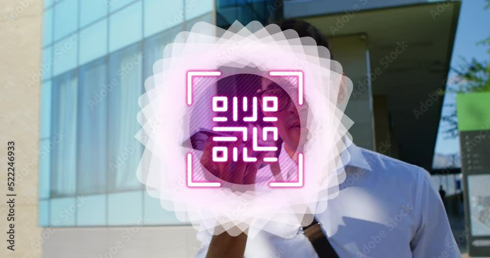 Animation of shapes and qr code over biracial man using smartphone ... Animation of shapes and qr code over biracial man using smartphone ...