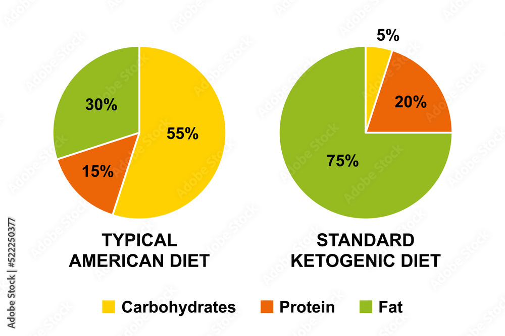 American and ketogenic diet percentages. Carbohydrates, protein and fat ...