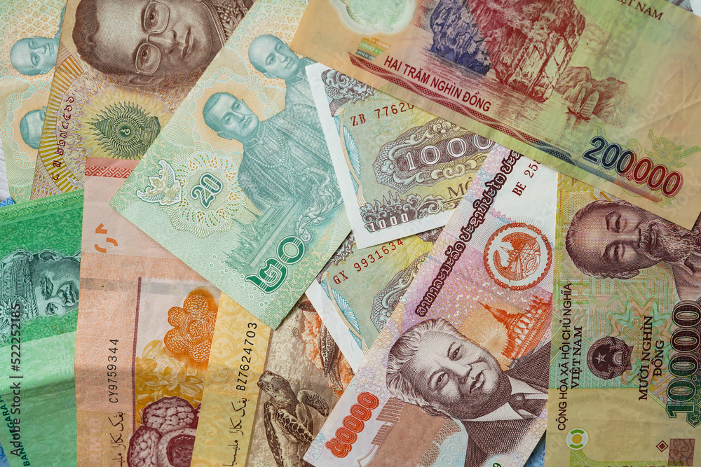 Asian Banknotes From Different Countries Thai Baht Vietnamese Dong