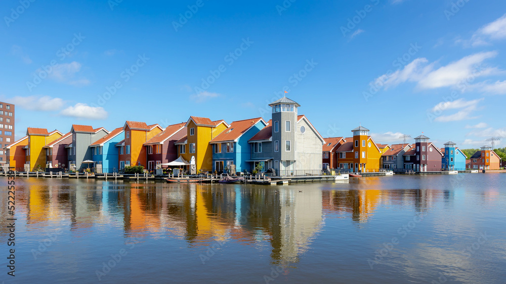 Amazing panorama multi color buildings on water side, Dutch style ...