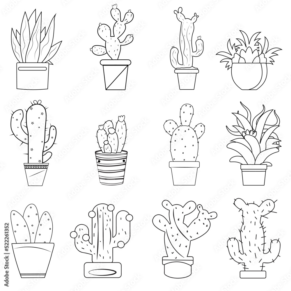 Set of Sketch hand drawn cactus coloring page and clip art. Stock ...