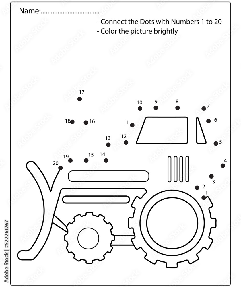 Dot to dot kids puzzle worksheet cartoon drawing construction vehicle ...