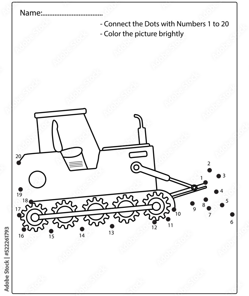Dot to dot kids puzzle worksheet cartoon drawing construction vehicle ...