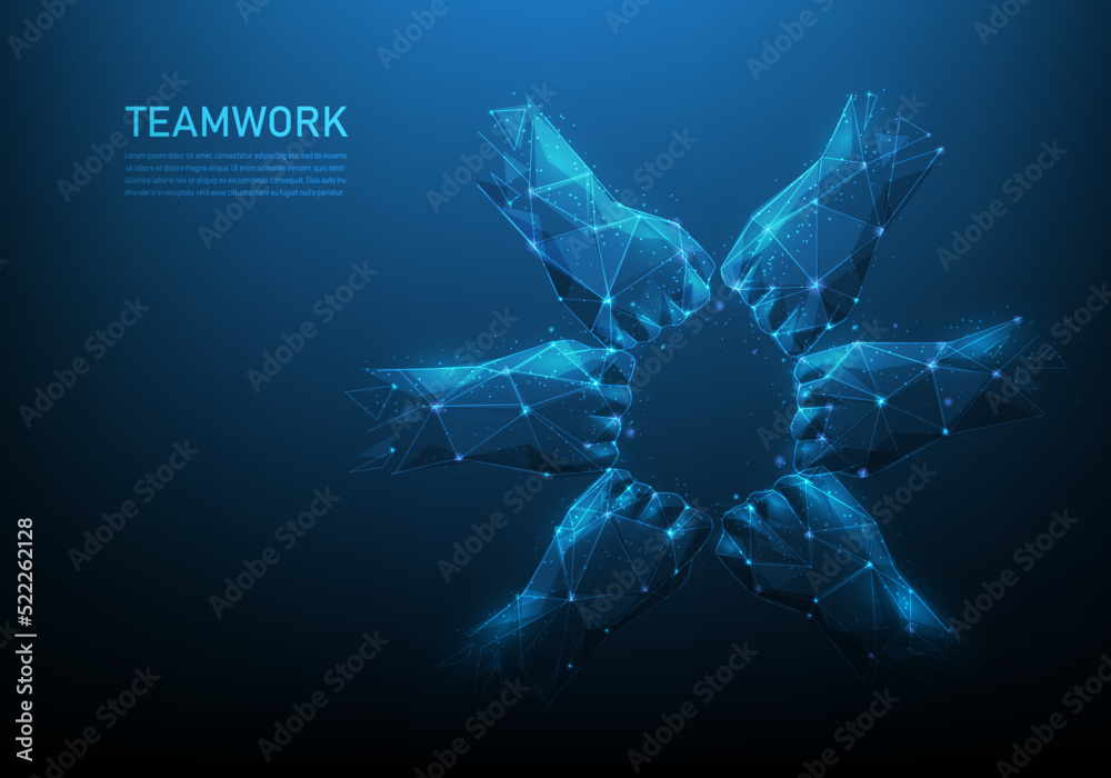 hand teamwork digital low poly wireframe on blue dark background ...