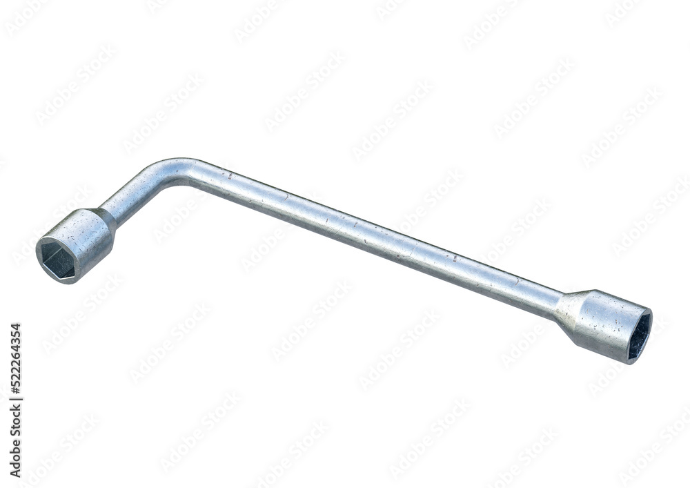 Wheel wrench isolated on white background. Metallic tool used by ...