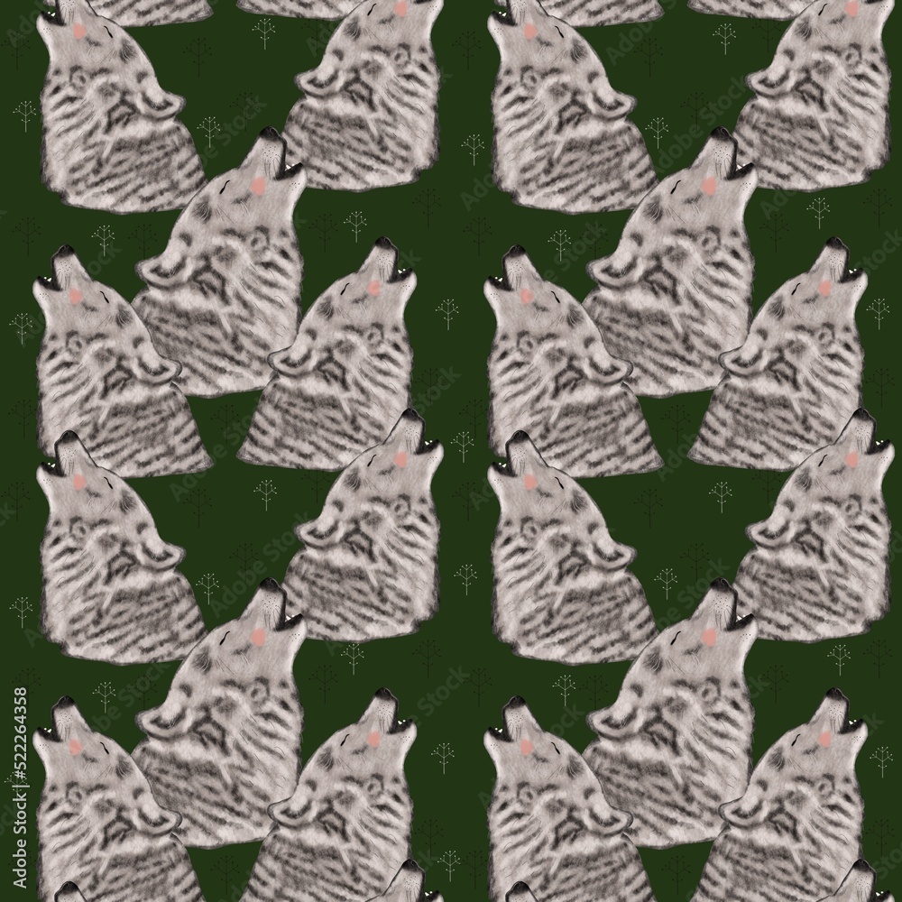 Seamless pattern with grey howling wolves on green background. Forest ...
