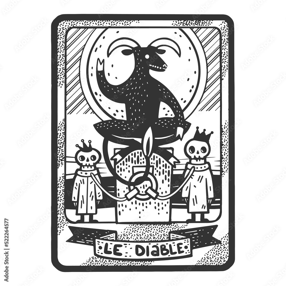 Tarot playing card devil satan sketch engraving vector illustration. T ...