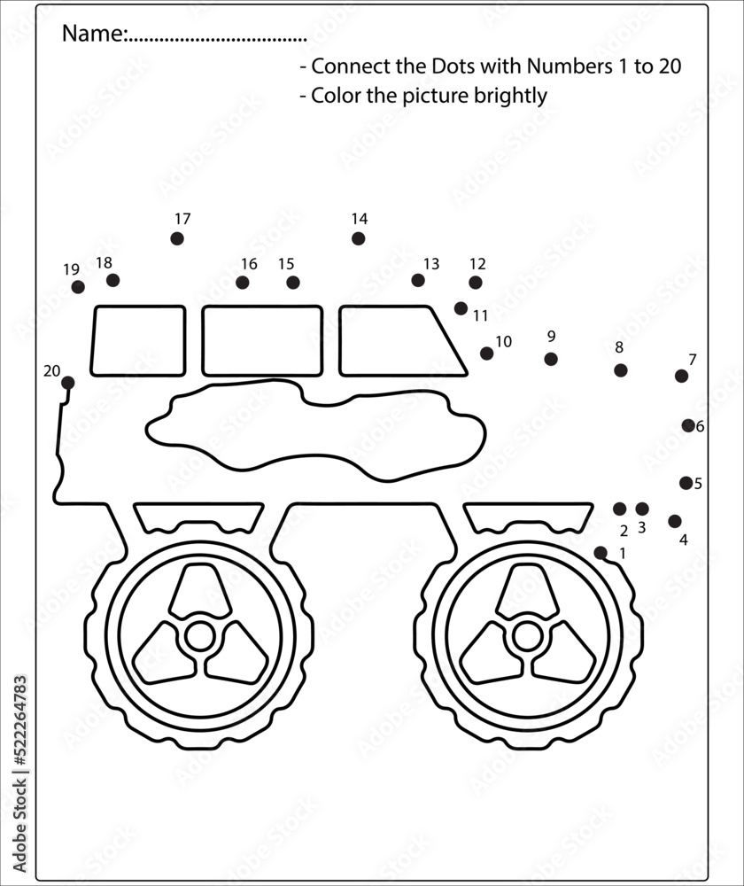 Connect the dot and color Monster Truck game for preschool kids with ...