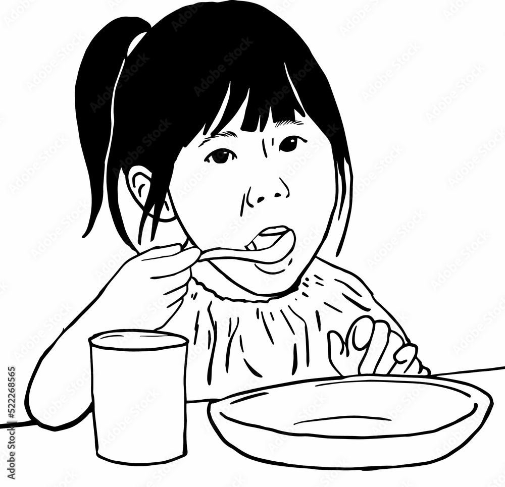 Cartoon girl eating on the table black and white Stock Illustration ...