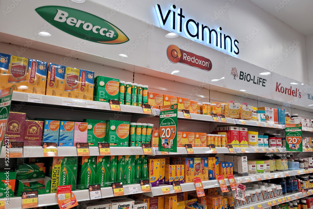 PENANG, MALAYSIA - 23 JULY 2022: Various brand vitamins and supplements ...