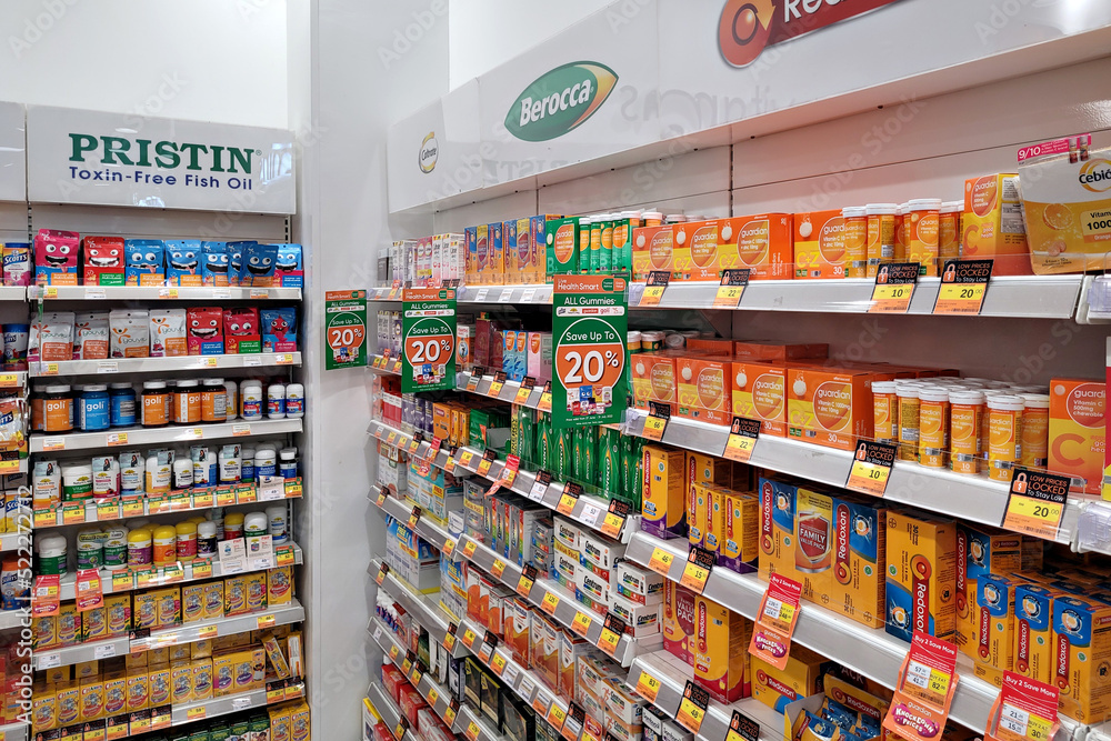 PENANG, MALAYSIA - 23 JULY 2022: Various brand vitamins and supplements ...