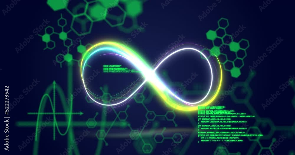 Animation of infinity over data and chemical formulas on navy ...