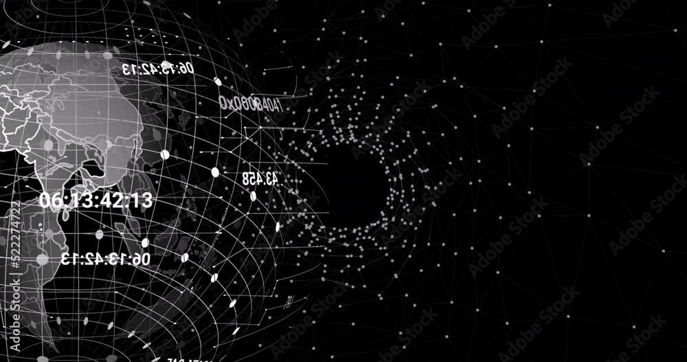 Animation of globe with connections and coordinates over black digital ...
