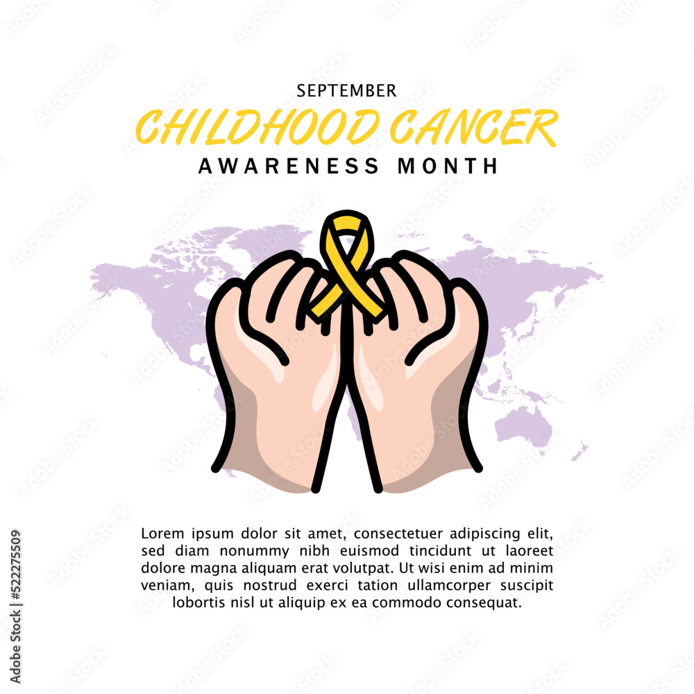 World childhood cancer month awareness vector design with hands holding a yellow ribbon ...