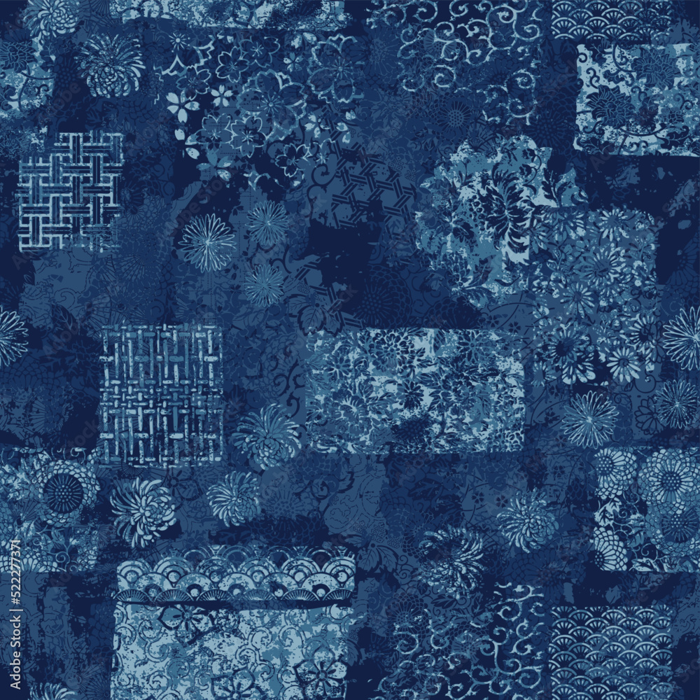 Traditional Japanese indigo fabric patchwork wallpaper grunge abstract ...