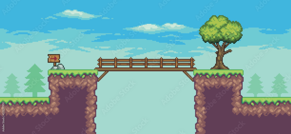 Pixel art arcade game scene with tree, bridge, wooden board, and clouds ...
