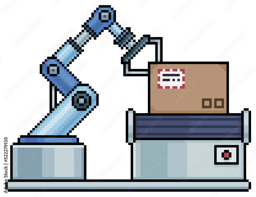 Pixel art robot and industrial treadmill. Robotic hand machine vector ...