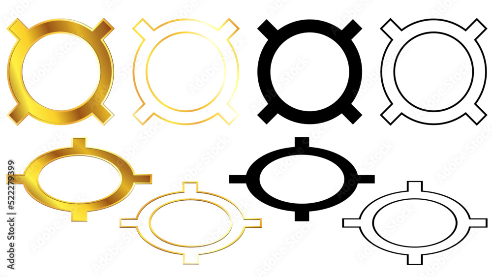 Set of golden universal currency signs, silhouette and outline ...