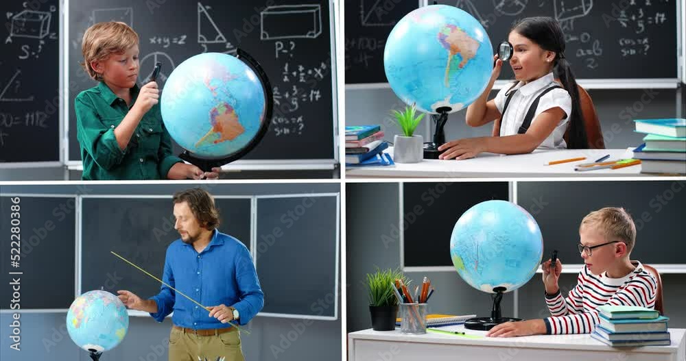 Split screen. Little kids study in classroom using globes. Handsome ...