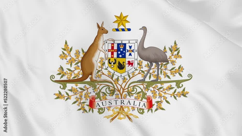 national emblem coat of arms or symbol of australia in waving flag ...