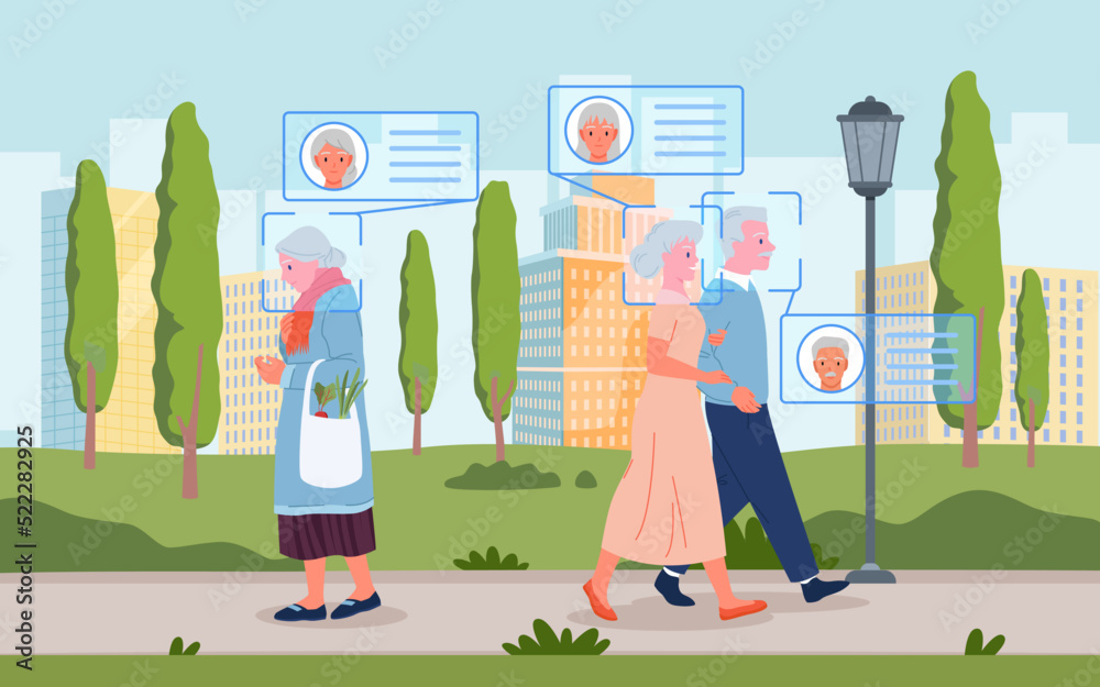 Face recognition for senior citizens vector illustration. Cartoon old ...