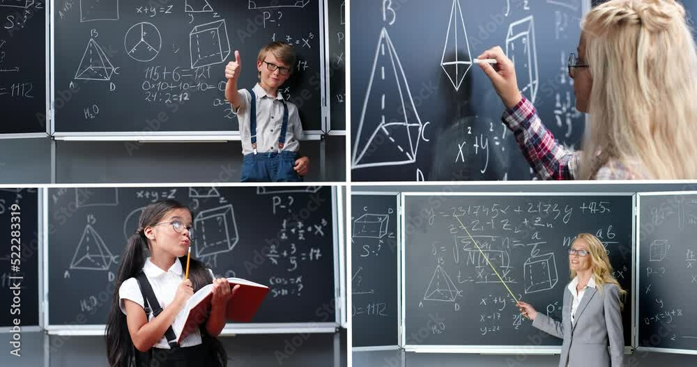 Close up of Caucasian pupils writing on blackboard formulas solving ...