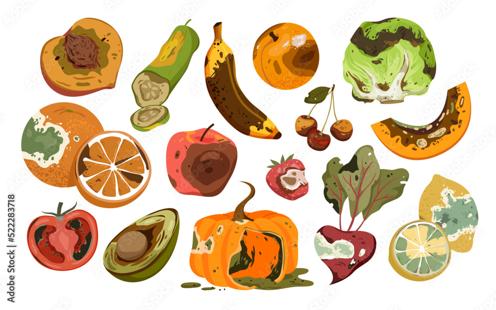 Cartoon isolated ugly waste collection with different old damaged food ...