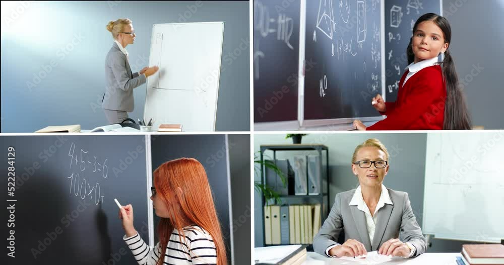 Multi screen. Caucasian female teacher writing and explaining graphics ...