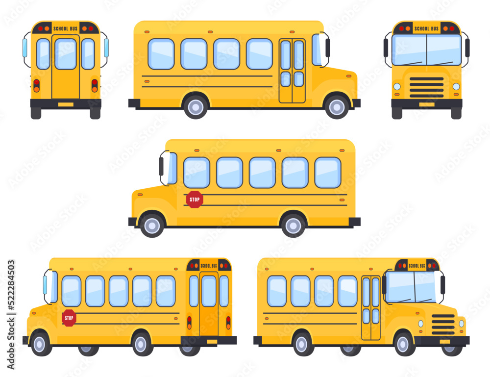 Yellow school bus in different angles. Transporting children from home ...