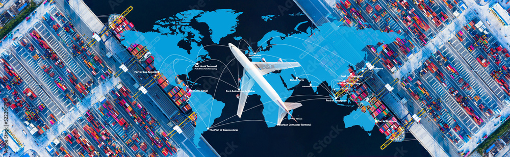 Cargo plane flying above ship port coverage world map import-export ...