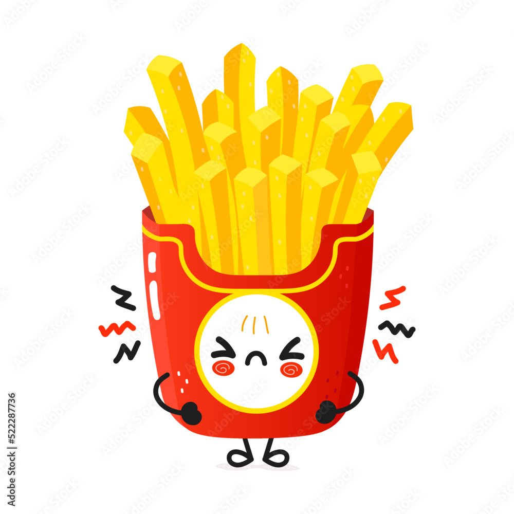 Cute angry french fries character. Vector hand drawn cartoon kawaii ...