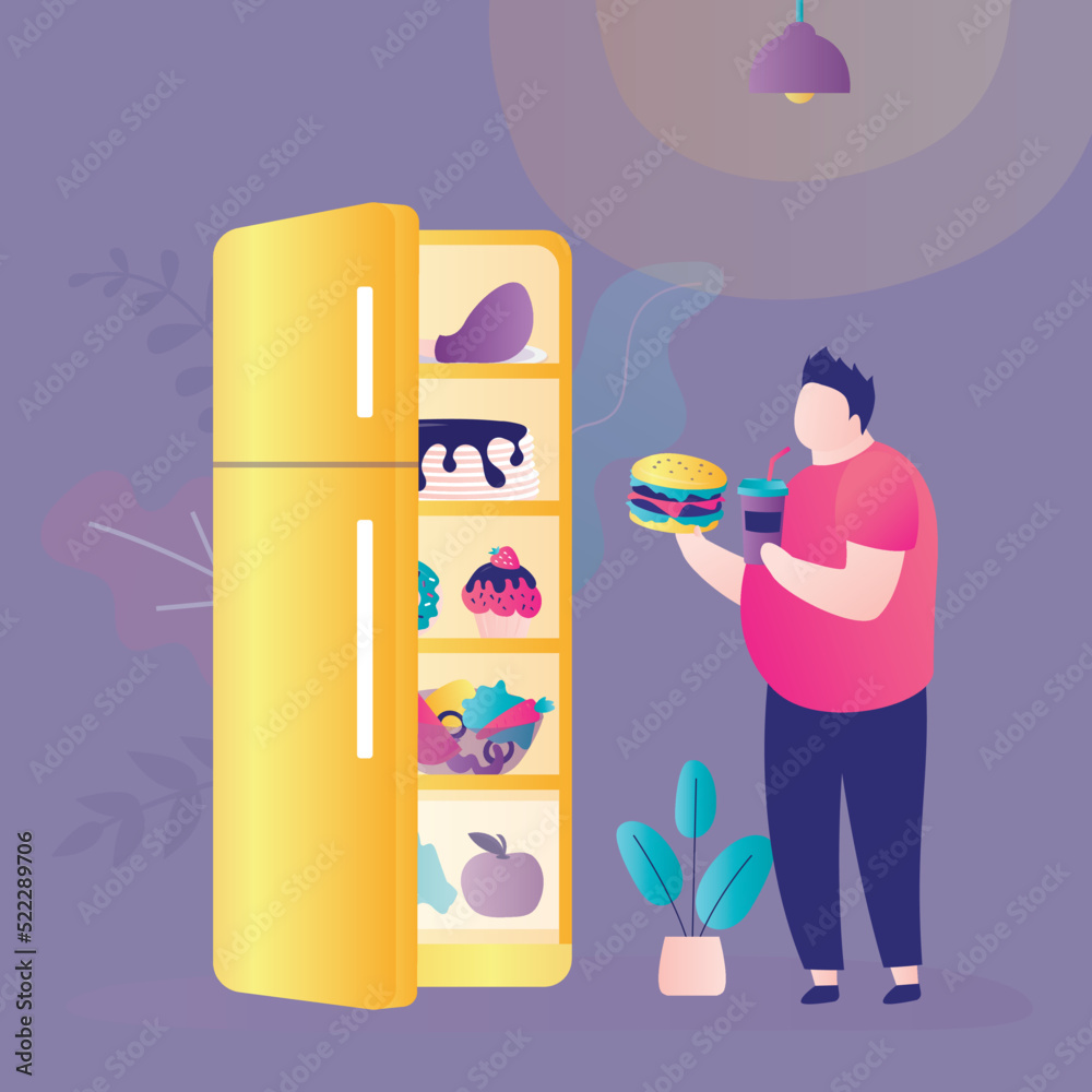 Fat man eating fast food at night. Open refrigerator full of unhealthy ...