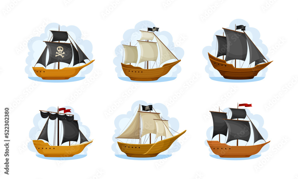Pirate Sailing Ship with Square Rigged Masts Navigating Upon Water ...