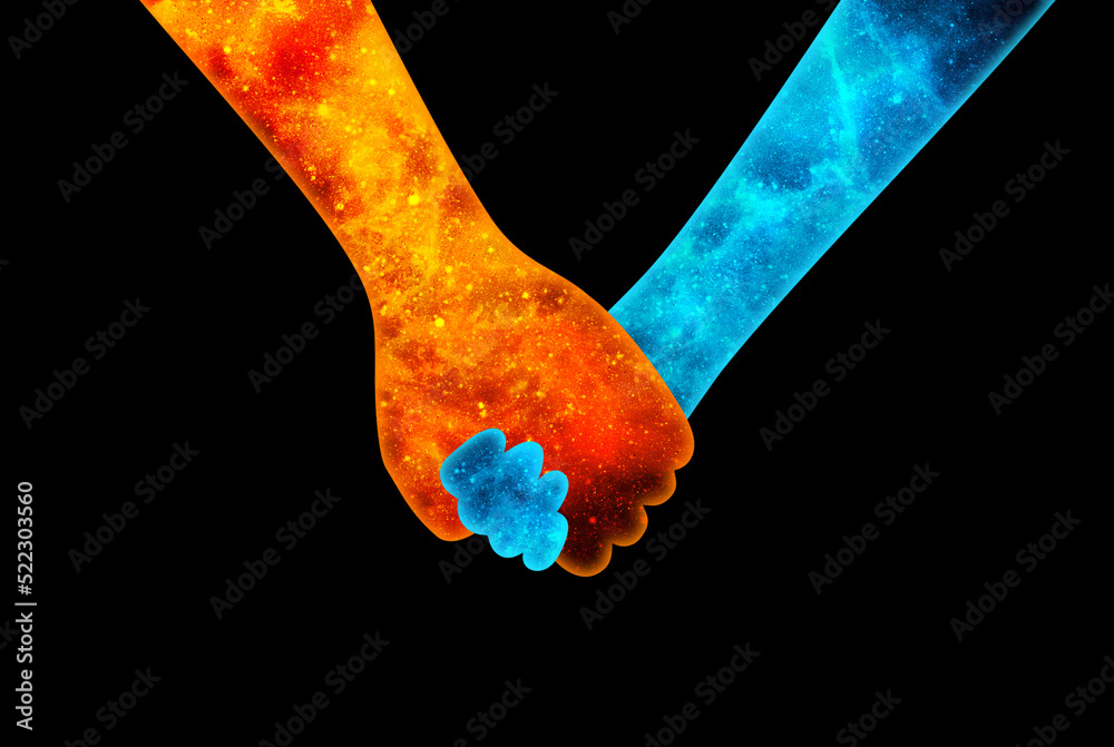 Male and female hands in the form of an orange and blue universe ...