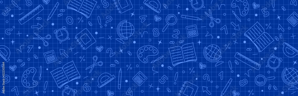 Graph blue background with hand drawn school stationery icons. Back to ...