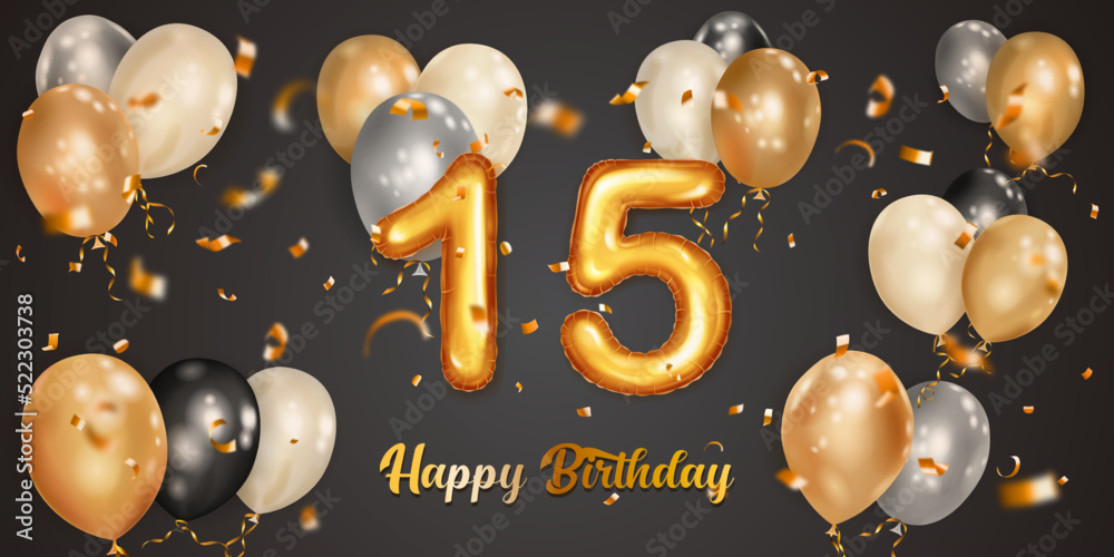 Festive birthday illustration with white, black and gold helium ...