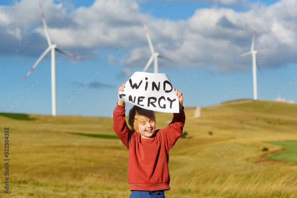 Eco activist boy with banner "Wind Energy" on background of power ...